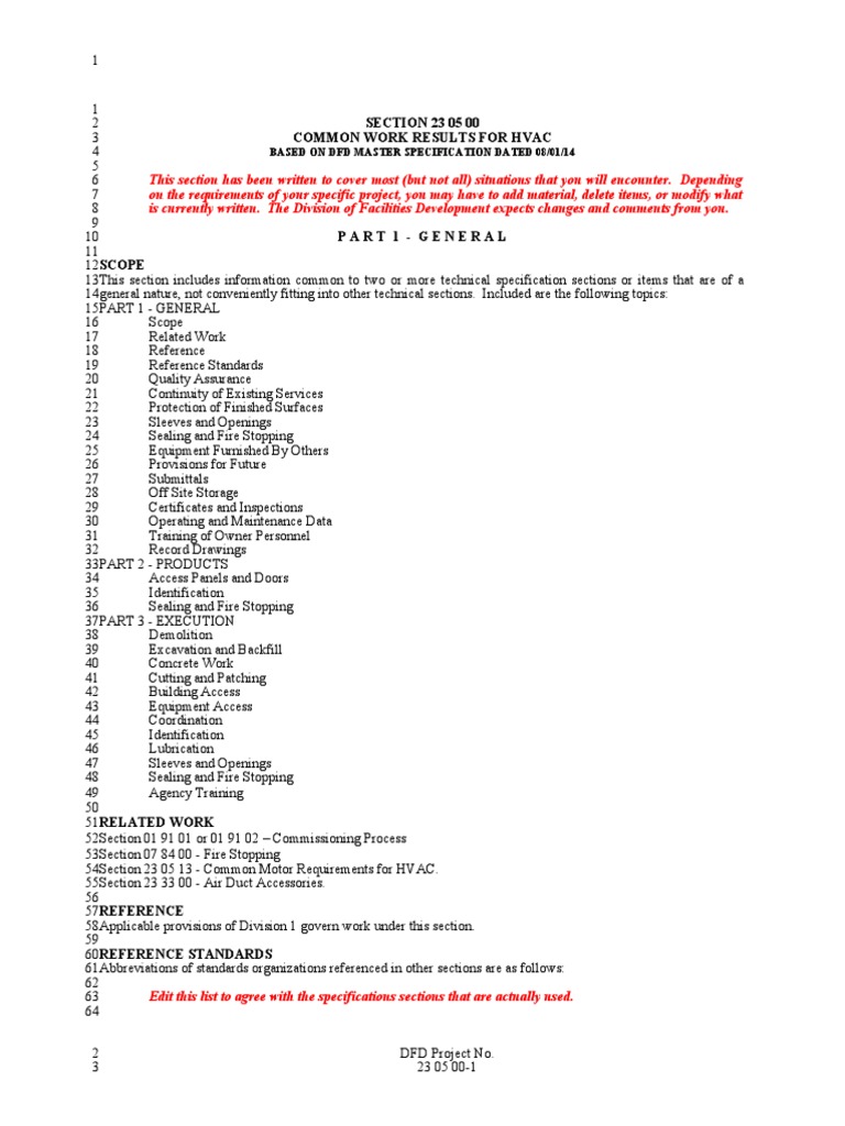 SECTION 23 05 00 Common Work Results For Hvac: Based On DFD Master ...