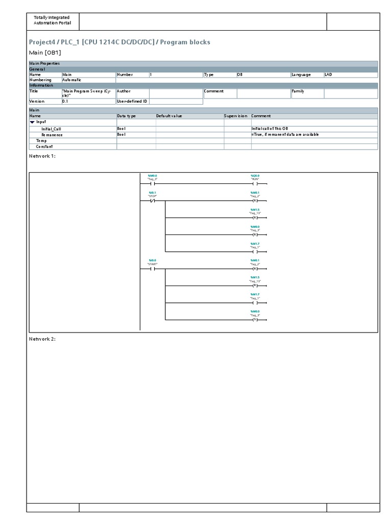 Project4 / PLC - 1 (CPU 1214C DC/DC/DC) / Program Blocks: Main (OB1) | PDF | Information ...