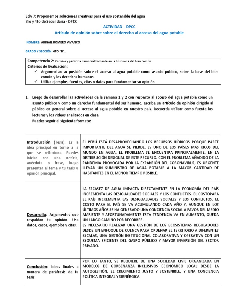 Eda 7 - Artículo de Opinión - DPCC Abigail Romero | PDF | Agua | Sustentabilidad