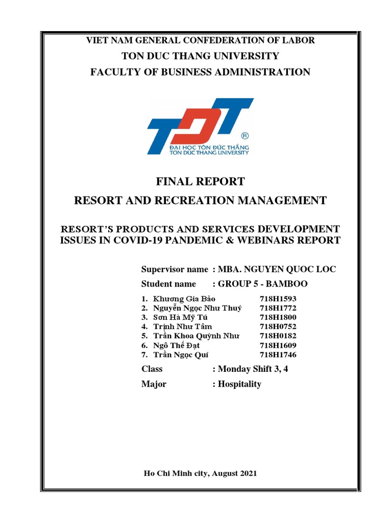 Final Report Resort and Recreation Management: Ton Duc Thang University Faculty of Business ...
