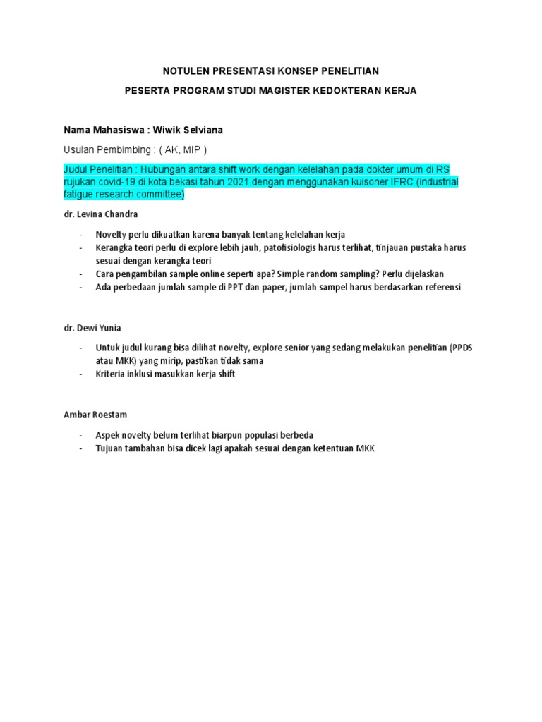 NOTULEN PRESENTASI KONSEP PENELITIAN - Wiwik Selviana | PDF | Karier ...