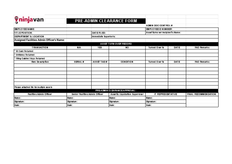 Pre-Admin Clearance Form - Sheet1 | PDF