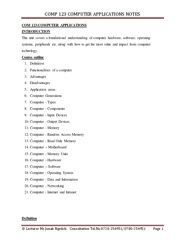 Com 123 Computer Applications Notes 2020 | PDF | Printer (Computing ...
