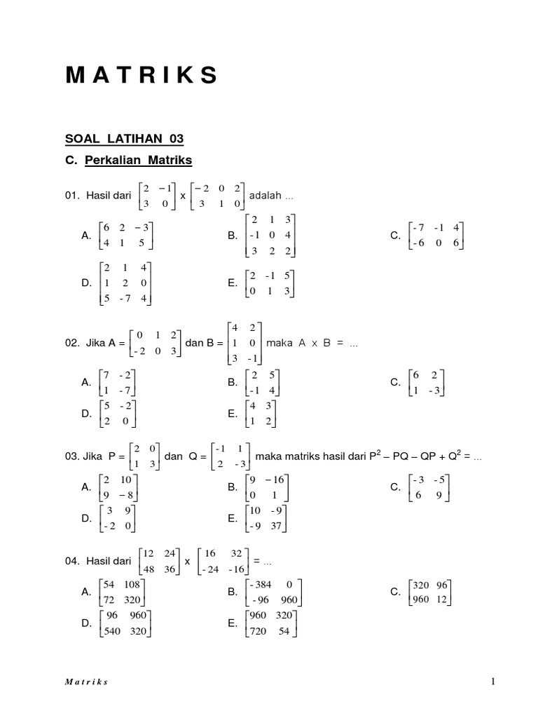 Latihan Soal Perkalian Matriks Kelas 11 | PDF