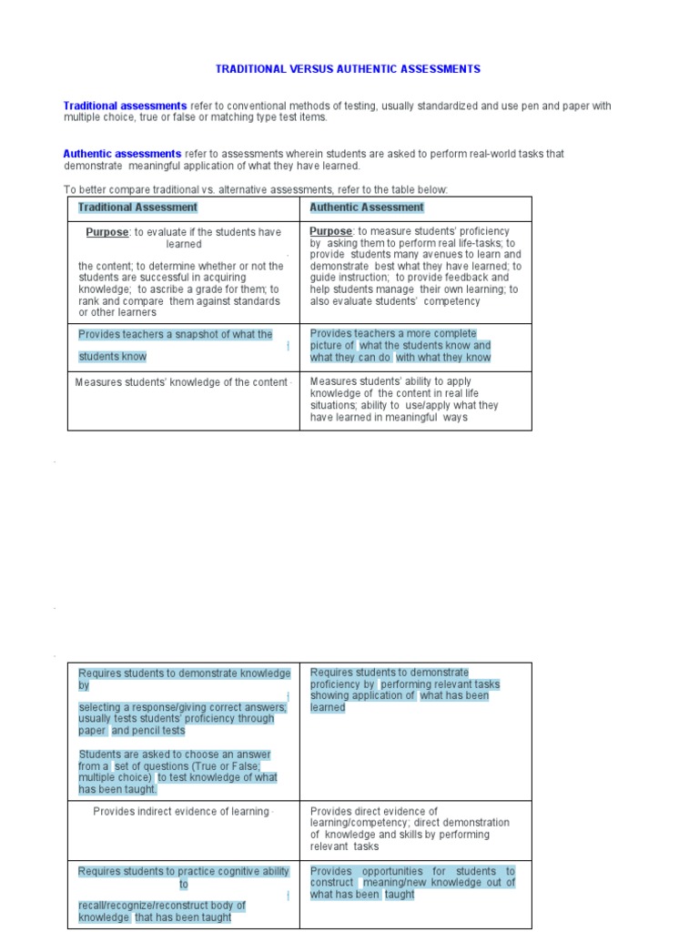 Traditional Versus Authentic Assessments | Download Free PDF ...