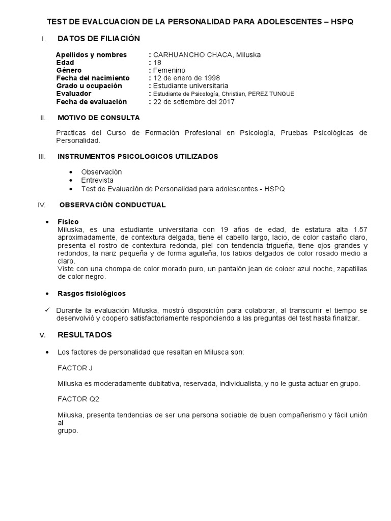 Informe HSPQ | PDF | Sicología | Psicología clínica