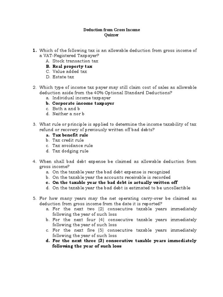 Deduction From Gross Income Quizzer | PDF | Tax Deduction | Bad Debt