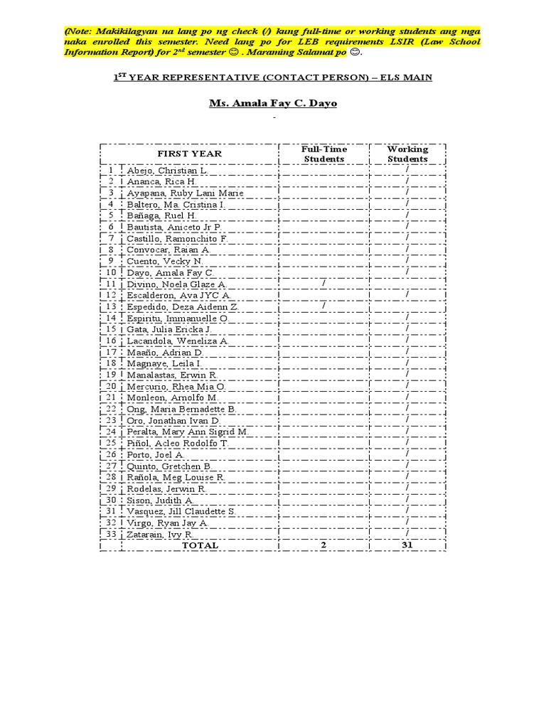 First Year Student Enrollment List | PDF