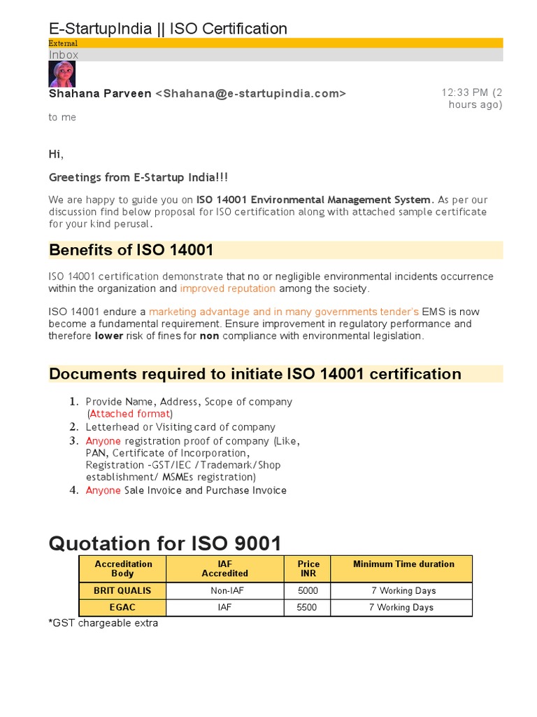 Quotation For Iso 9001: E-Startupindia - Iso Certification | PDF | Value Added Tax | Business