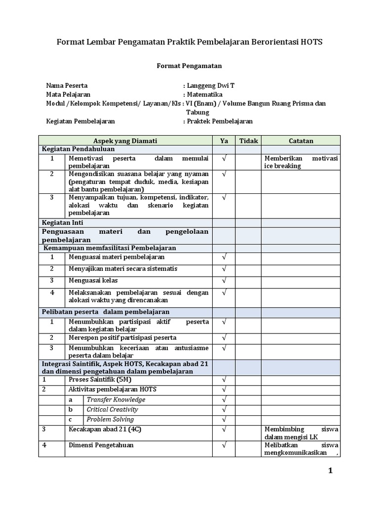 Langgeng Dwi T. Format Lembar Pengamatan Praktik Pembelajaran Berorientasi HOTS | PDF