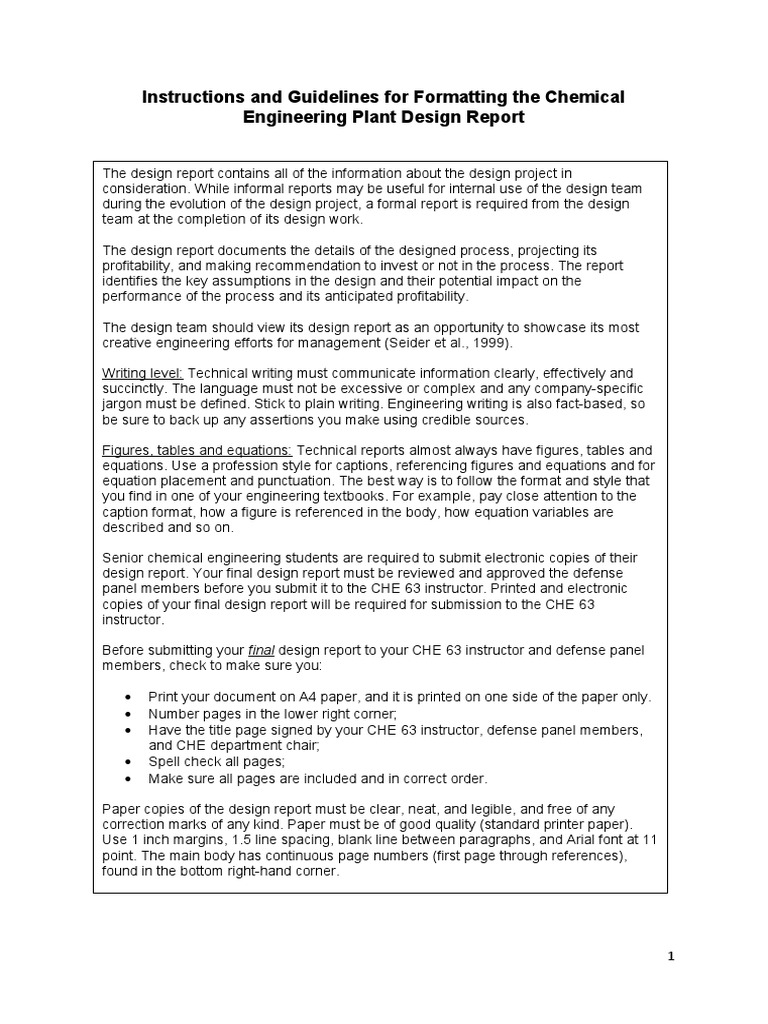 Instructions and Guidelines For Formatting The CHE Plant Design Report ...