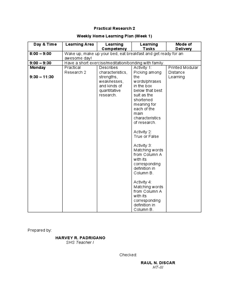 Practical Research 2 Weekly Home Learning Plan | PDF | Science | Cognition