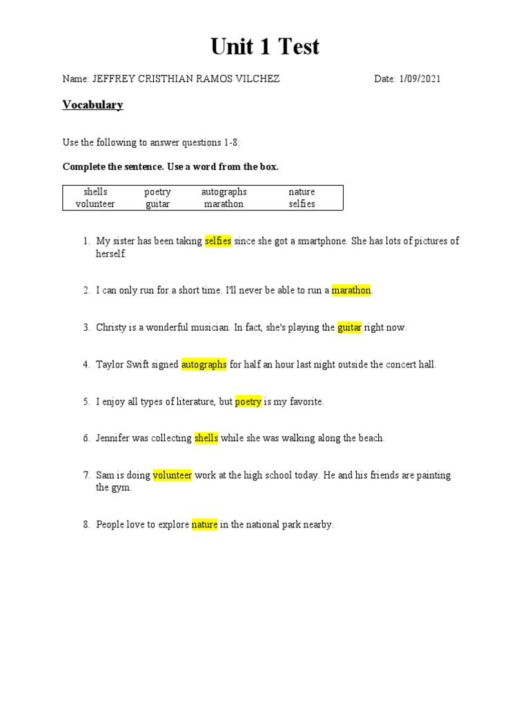 Unit 1 Test: Vocabulary | PDF | Lion