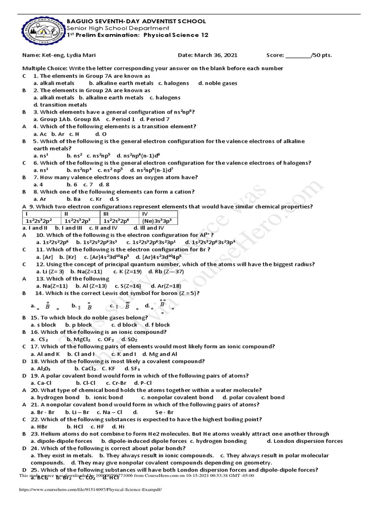 Physical Science 12 Exam Questions | PDF | Chemical Bond | Chemical ...