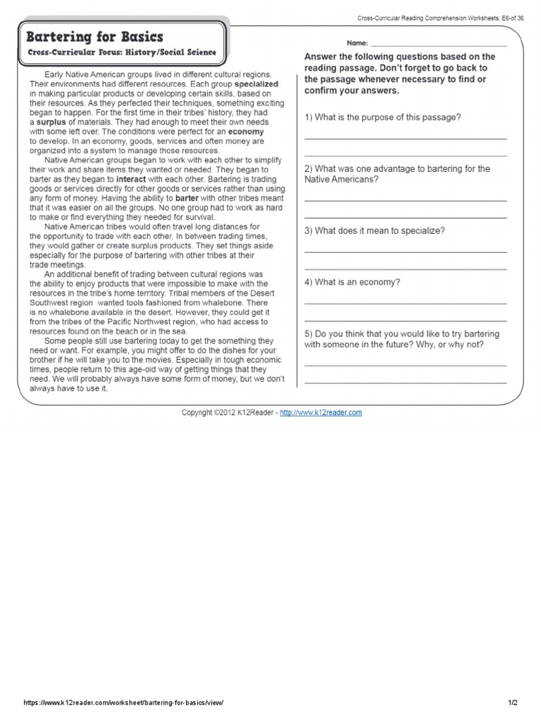 5th Grade Bartering Comprehension Worksheet | PDF