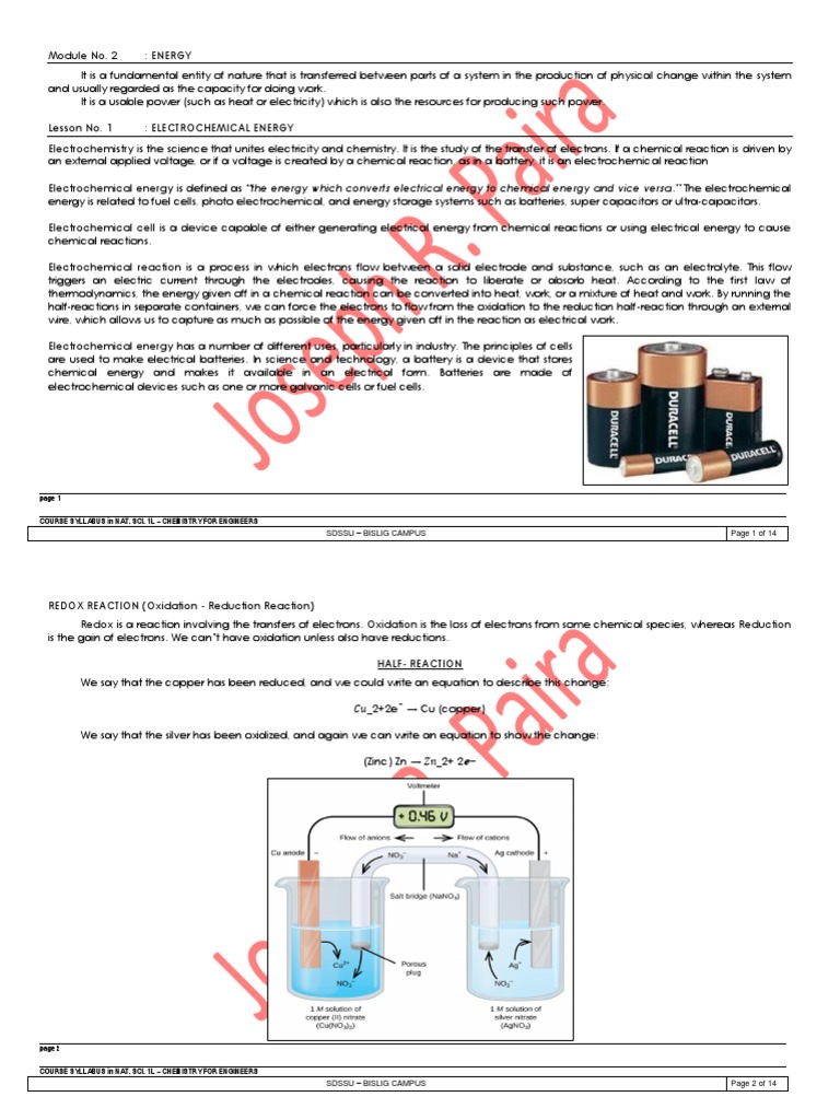 Course Syllabus in Nat. Sci. 1L - Chemistry For Engineers | PDF | Electrochemistry | Redox