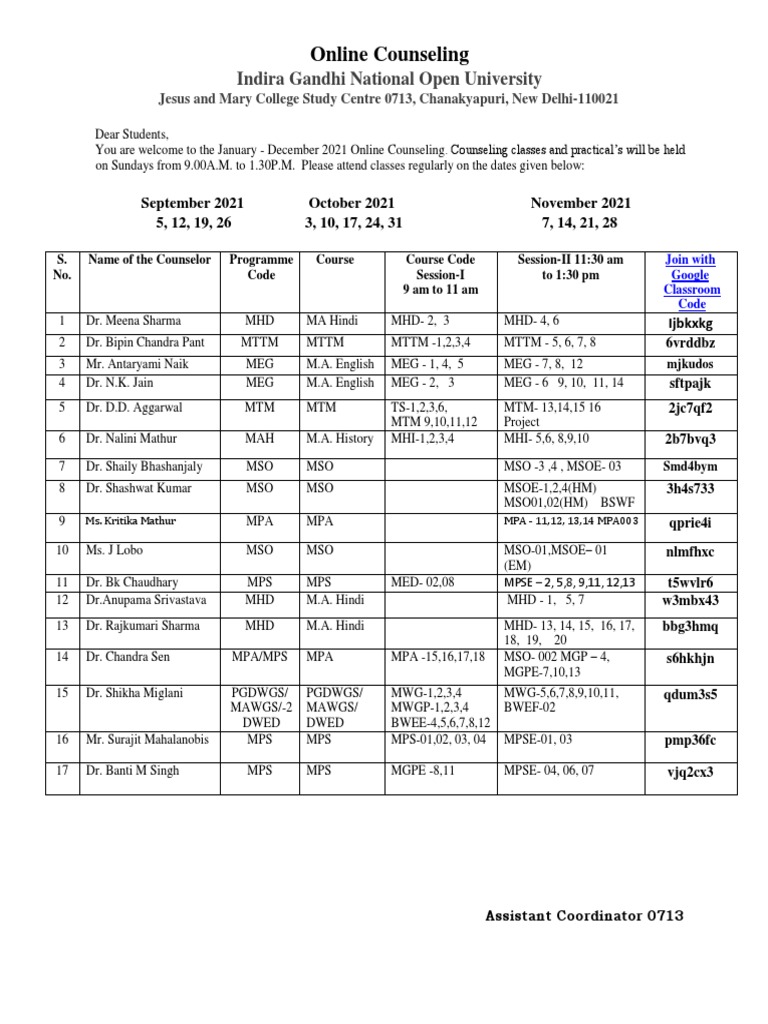 Time Table (BA, MA Schedule July To December 2021 (IGNOU) 4 Sep 2021 ...