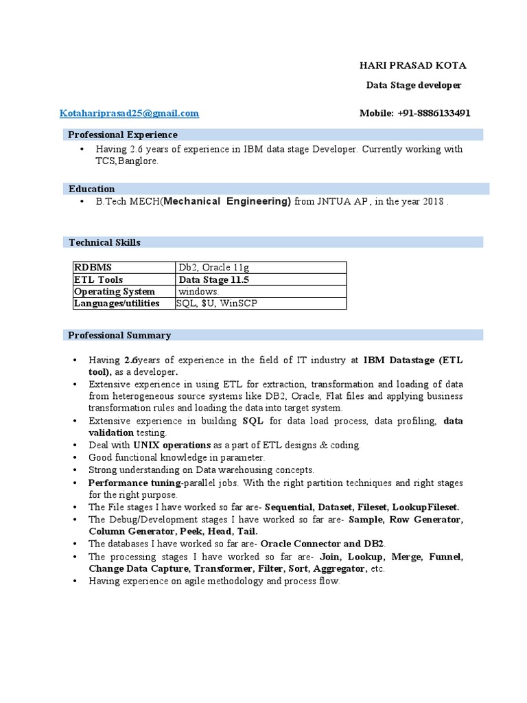 Hari Prasad Resume | PDF | Data Warehouse | Information Science