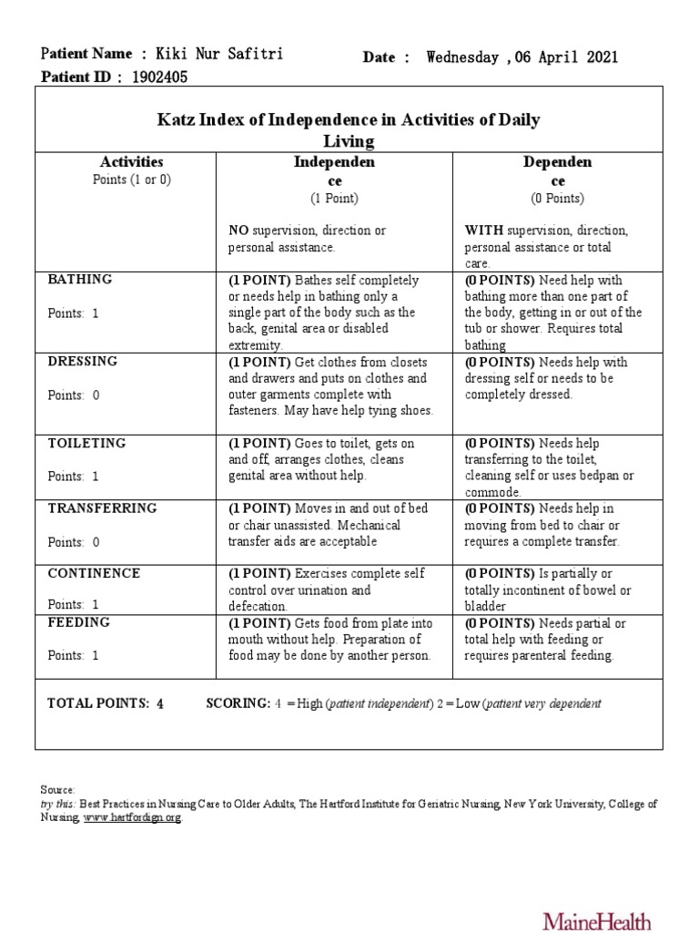 Katz Index of Independence in Activities of Daily Living | PDF ...