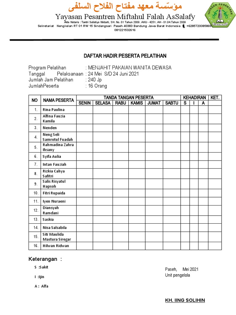 Daftar Hadir Peserta Pelatihan | PDF