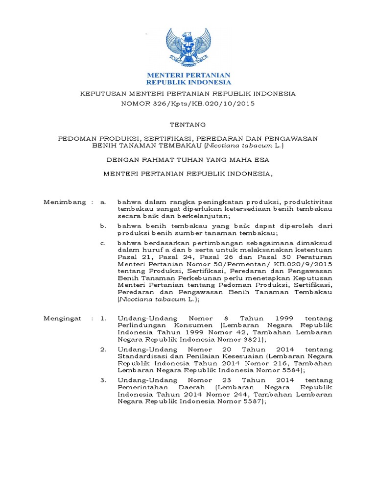 Kepmen 326 2015 Tembakau | PDF