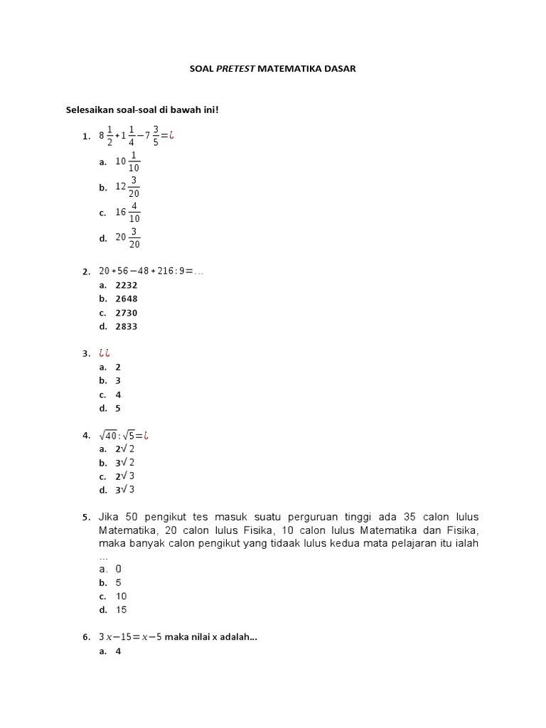 Soal Pretest Matematika Dasar Pdf