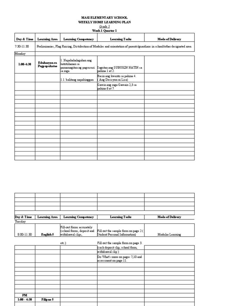 Masi Elementary School Weekly Home Learning Plan Week 1 Quarter 1 Day ...