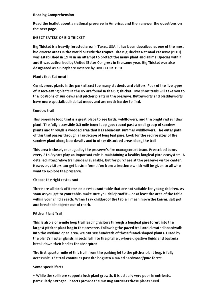 Reading Comprehension Read The Leaflet About A National Preserve in ...