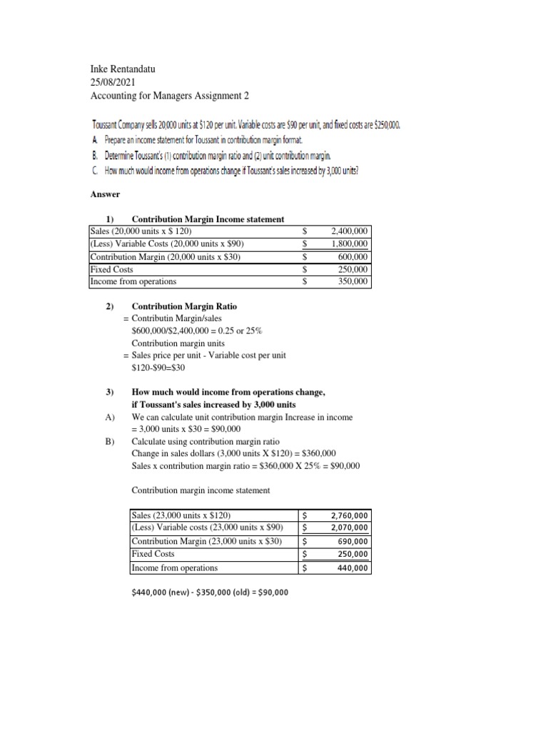 Accounting Managers Assignment 2 Contribution Margin | PDF