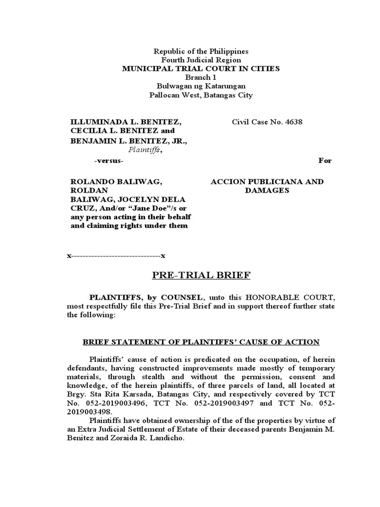 Pre Trial Brief | PDF | Lawsuit | Affidavit