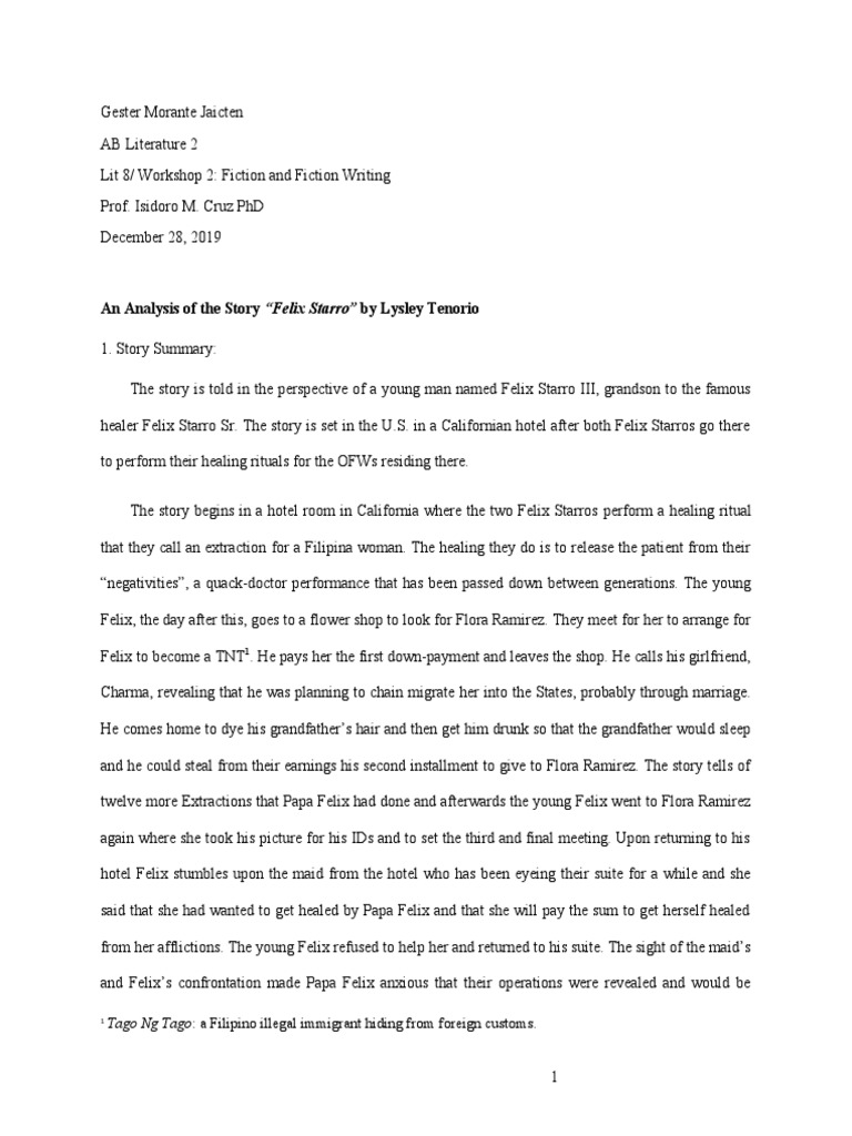 An Analysis of The Story "Felix Starro" by Lysley Tenorio | PDF