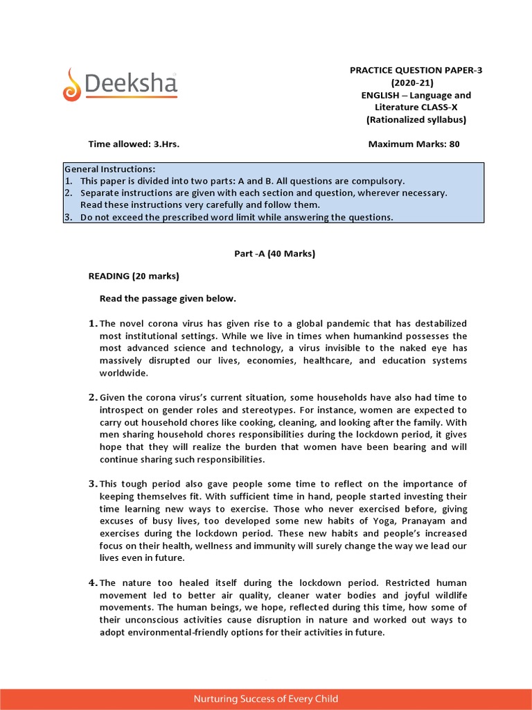 CBSE Class 10 English Sample Paper 3 With Solution 2020 2021 | PDF ...