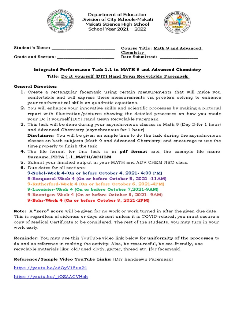Integrative Performance Tasks 1.1 in Math 9 and Advanced Chemistry ...