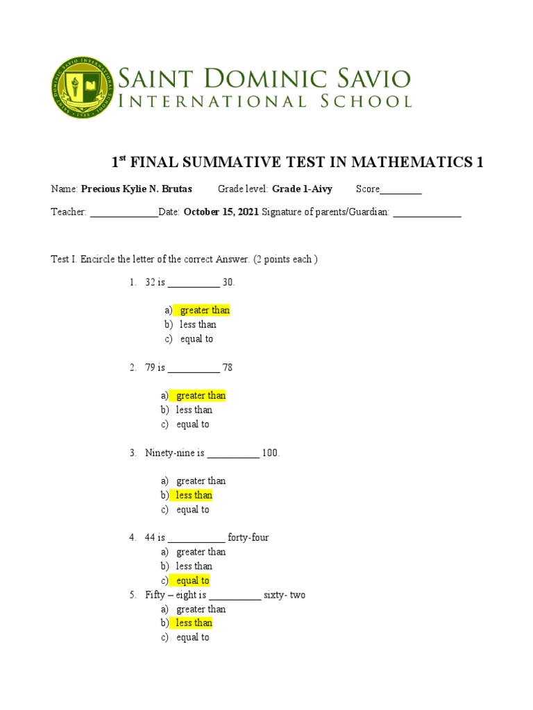 Grade 1 Math Summative Test 2021 | PDF
