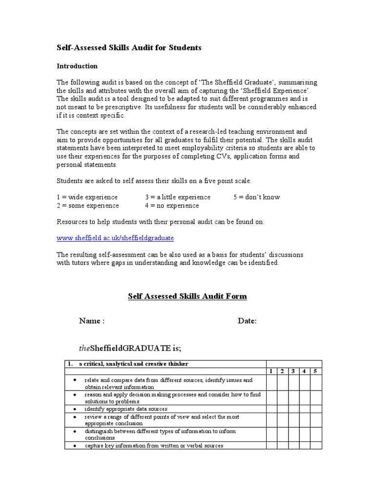 Self Assessed Skills Audit | PDF | Audit | Knowledge