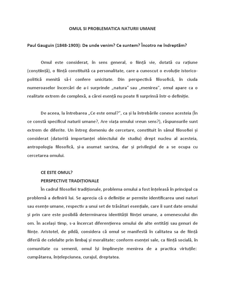 1.1. OMUL SI PROBLEMATICA NATURII UMANE Detaliat | PDF