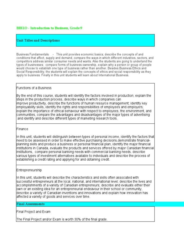 Unit Titles and Descriptions: BBI1O - Introduction To Business, Grade 9 ...