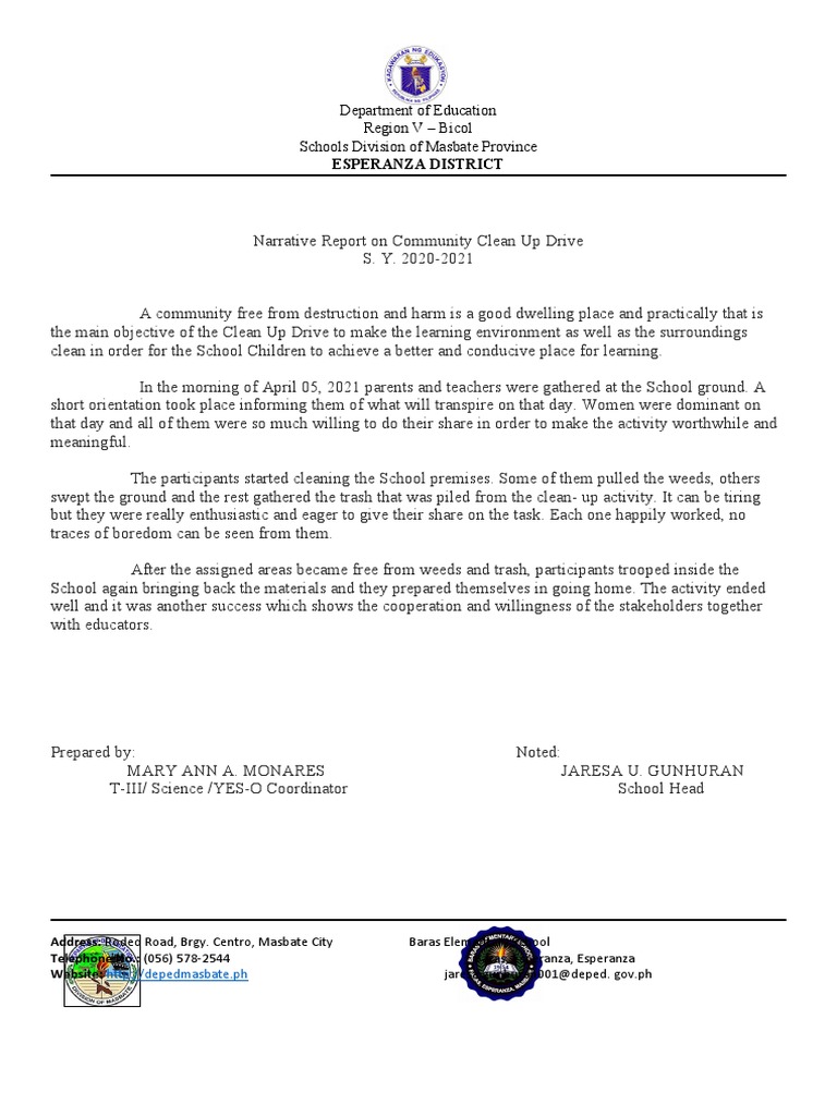 Esperanza Community Clean Up Report | PDF | Human Nature | Cognition
