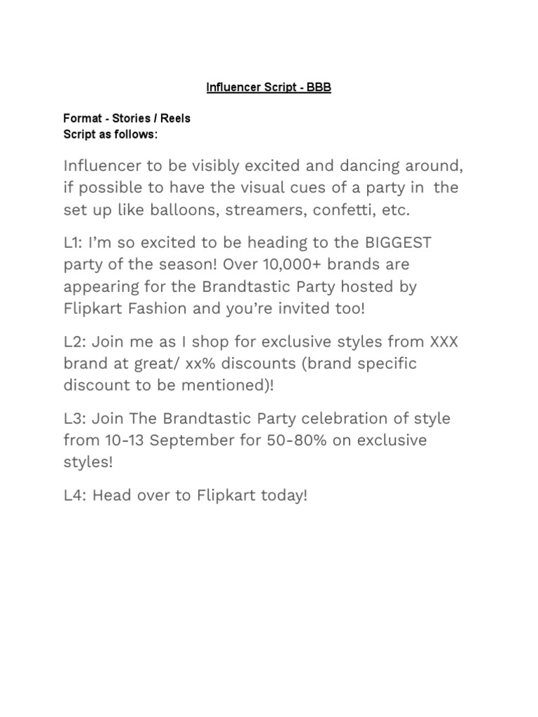 Influencer Script for Flipkart's Brandtastic Party | PDF