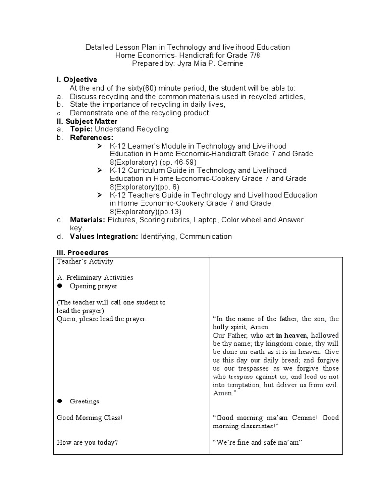 Detailed Lesson Plan in Handicraft - Exploratory | Download Free PDF ...