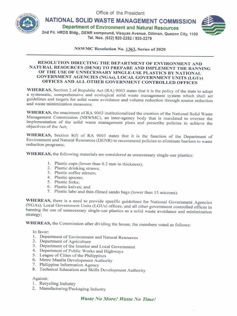 2020 NSWMC Reso No. 1363 Series of 2020 Single Use Plastics | PDF
