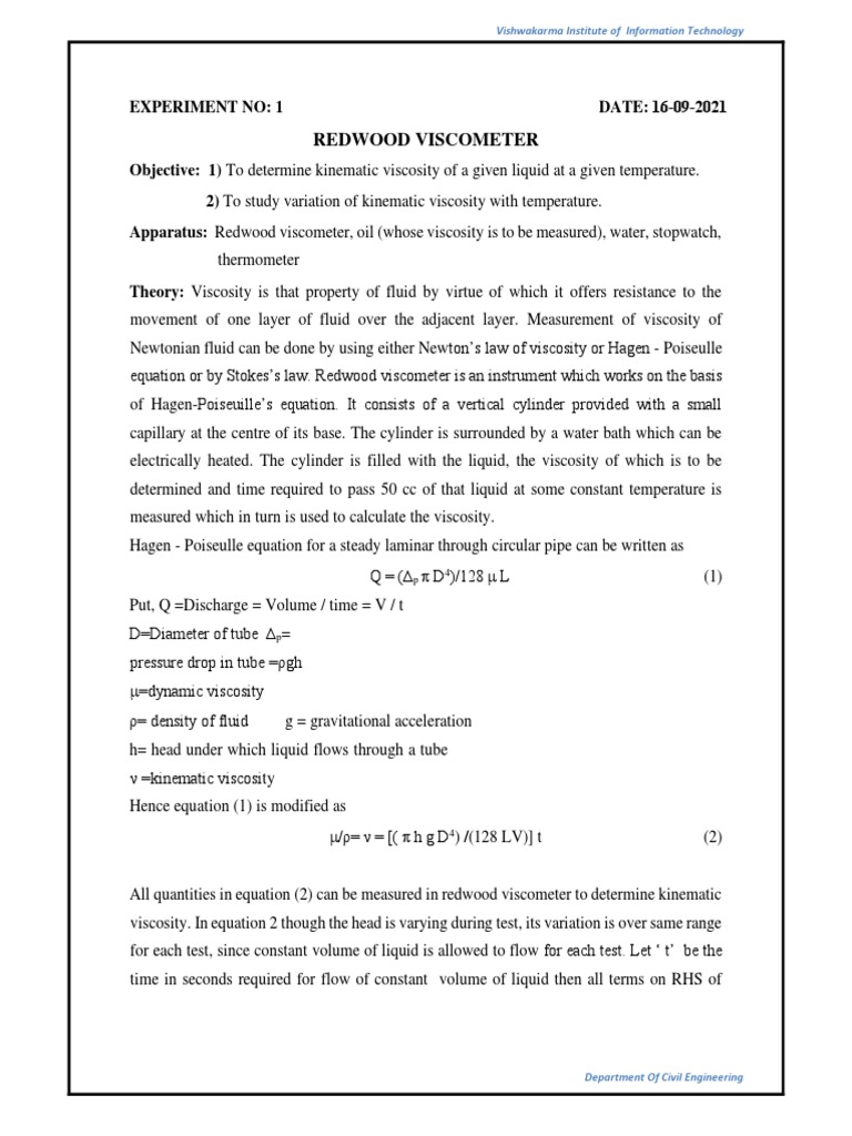 Redwood Viscometer Experiment Guide | PDF | Viscosity | Liquids