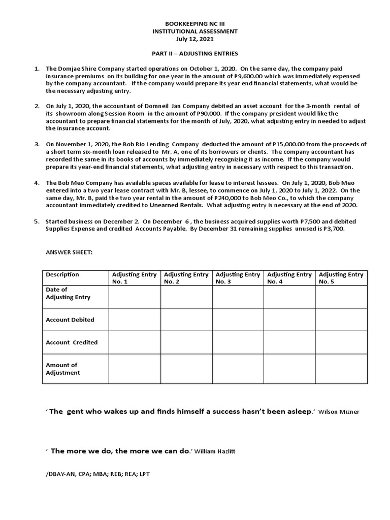 NC III Bookkeeping Assessment Guide | PDF | Bookkeeping | Debits And ...