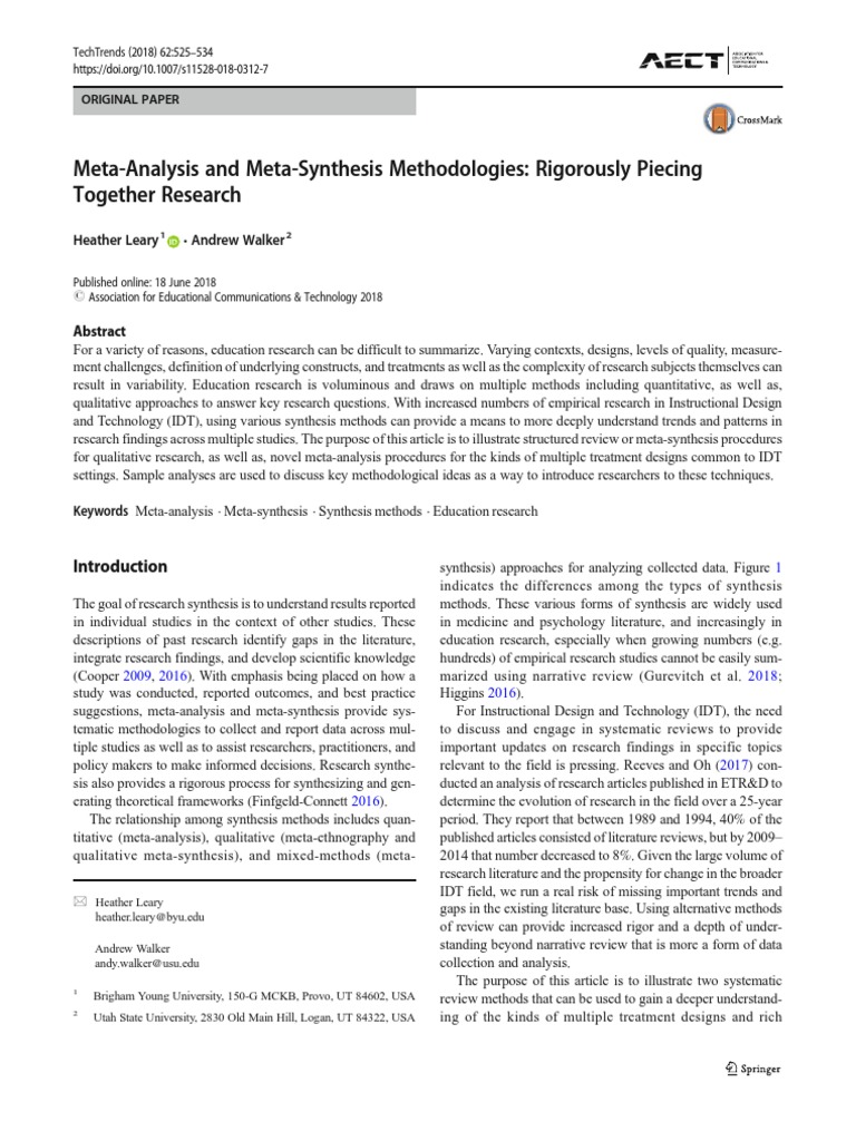 Meta-Analysis and Meta-Synthesis Methodologies: Rigorously Piecing Together Research | PDF ...