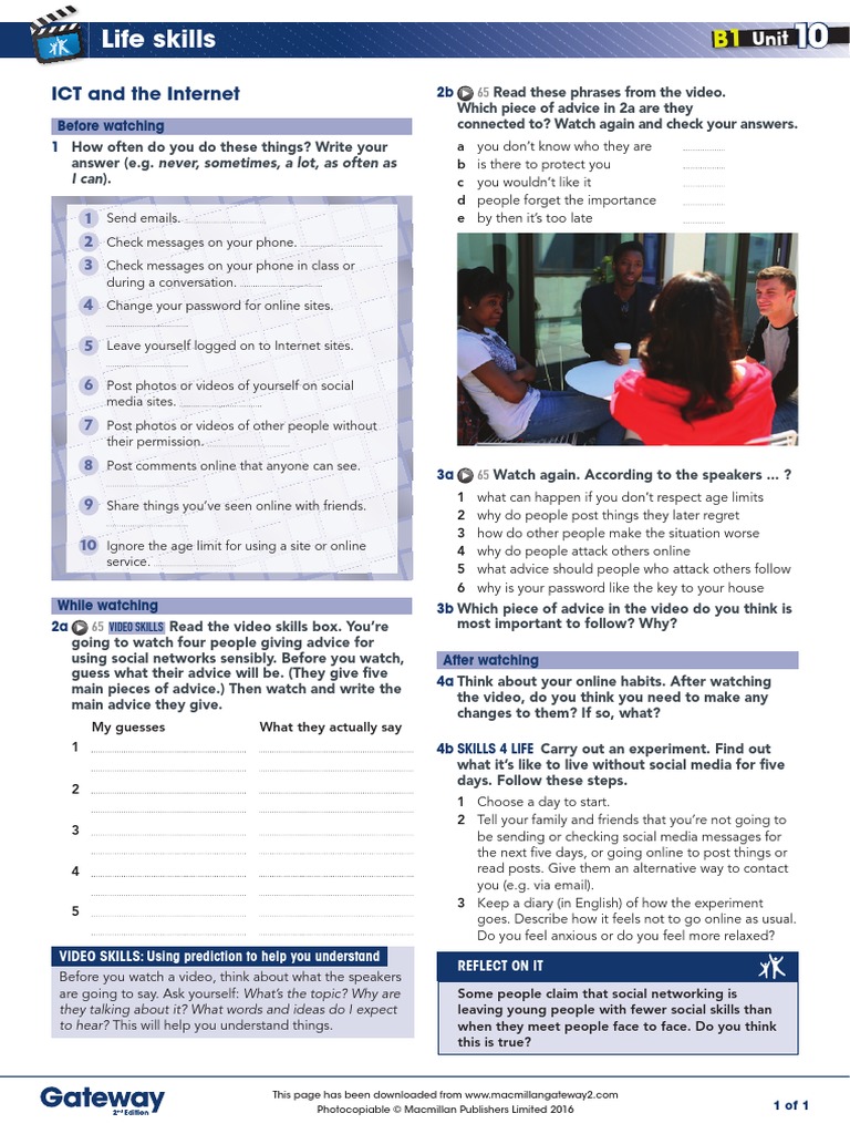 B1 UNIT 10 Life Skills Video Worksheet | PDF | Online And Offline ...