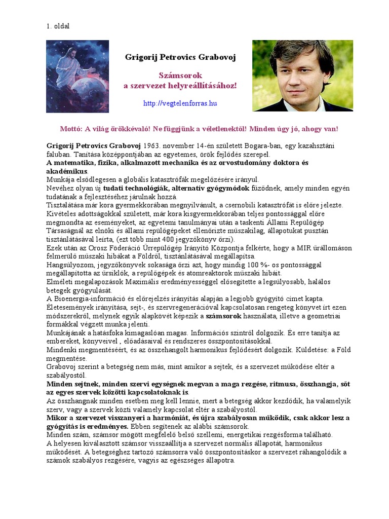 Grigorij Petrovics Grabovoj Számsorok A Szervezet Helyreállításához! | PDF
