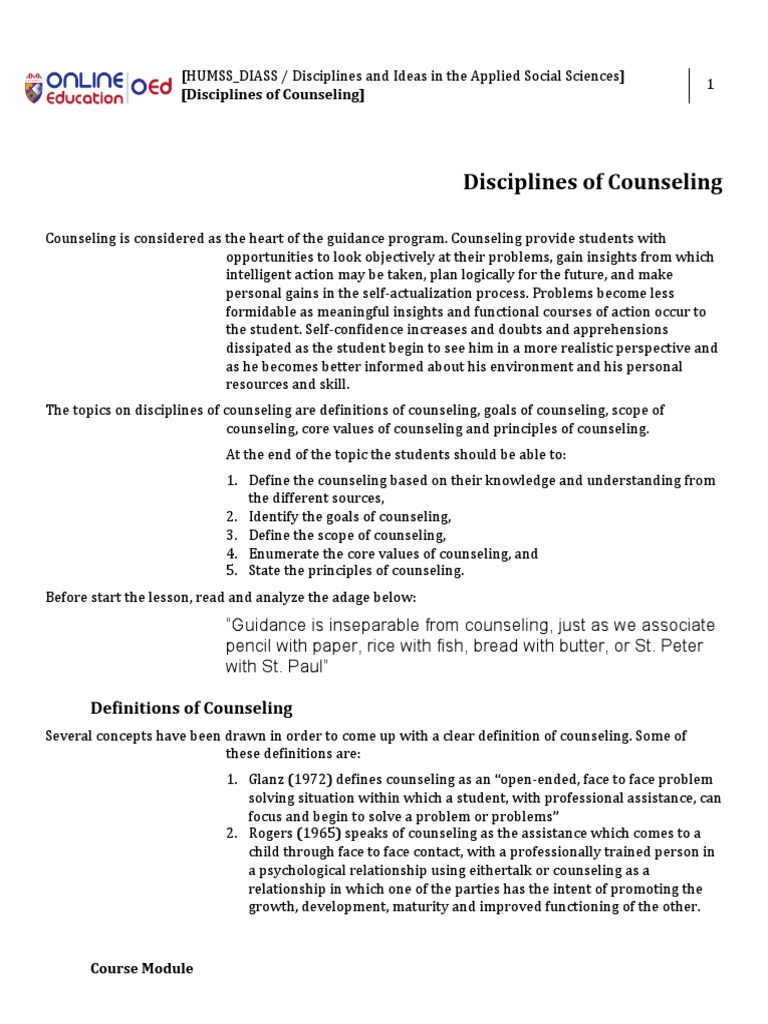 Week 002-Module Disciplines of Counseling | PDF | Psychotherapy ...