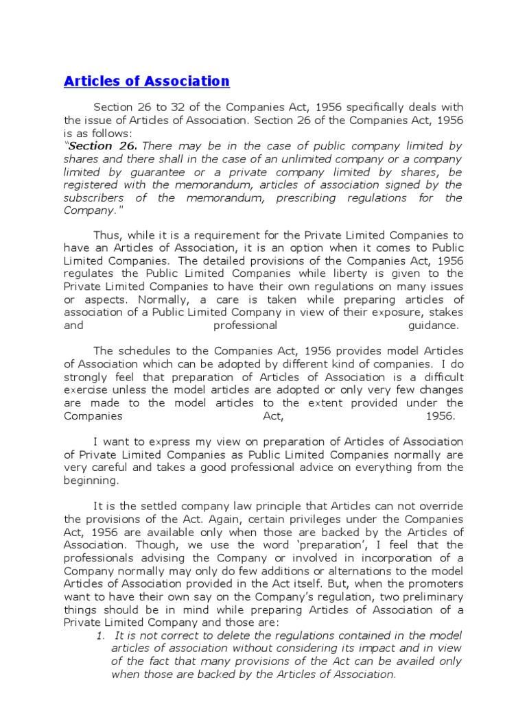 Articles of Association | PDF | Articles Of Association | Limited Company