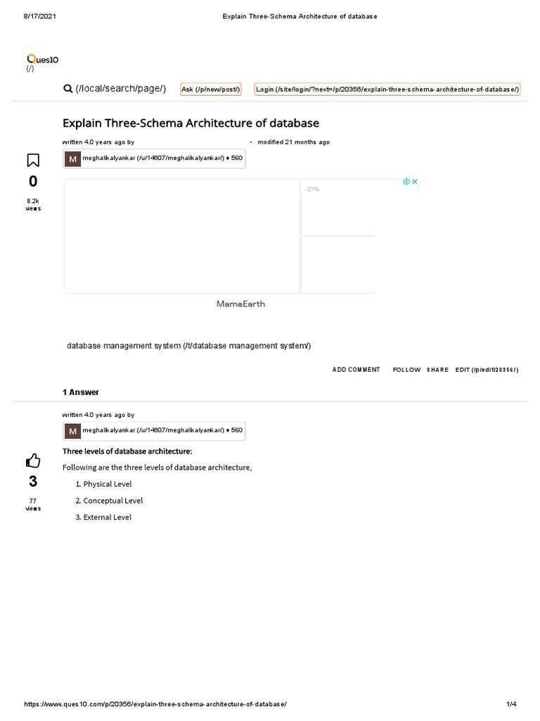 Explain Three-Schema Architecture of Database | PDF | Databases | Conceptual Model