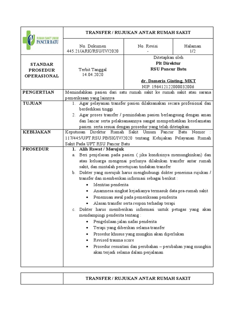 Spo - TRANSFER Atau RUJUKAN ANTAR RUMAH SAKIT | PDF